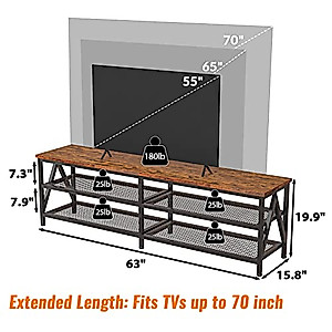 Furologee TV Stand for 65 70 inch TV, Long 63" TV Media Console Table, Industrial Entertainment Center with 3-Tier Storage Shelves for Living Room, Bedroom, Rustic Brown