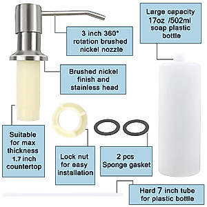 Soap Dispenser for Kitchen Sink, Brushed Nickel Built in Sink Soap Dispenser, Stainless Steel Kitchen Soap Pump Head with Bottle