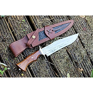 kaswah Handmade Damascus Steel Hunting Knife with Hand Stitched Leather Sheath - 14" Fixed Blade Knife with Solid Rosewood Wood Handle - EDC Survival Knife for Men