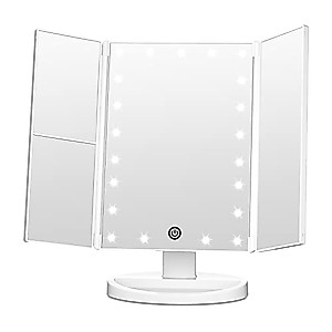FASCINATE Trifold Vanity Mirror with Lights, Lighted Makeup Mirror 2X/3X Magnification, 21 LED Touch Dimming, Dual Power 90° Rotation Lit Beauty Table Mirror, Make up Mirror with Lighting (White)