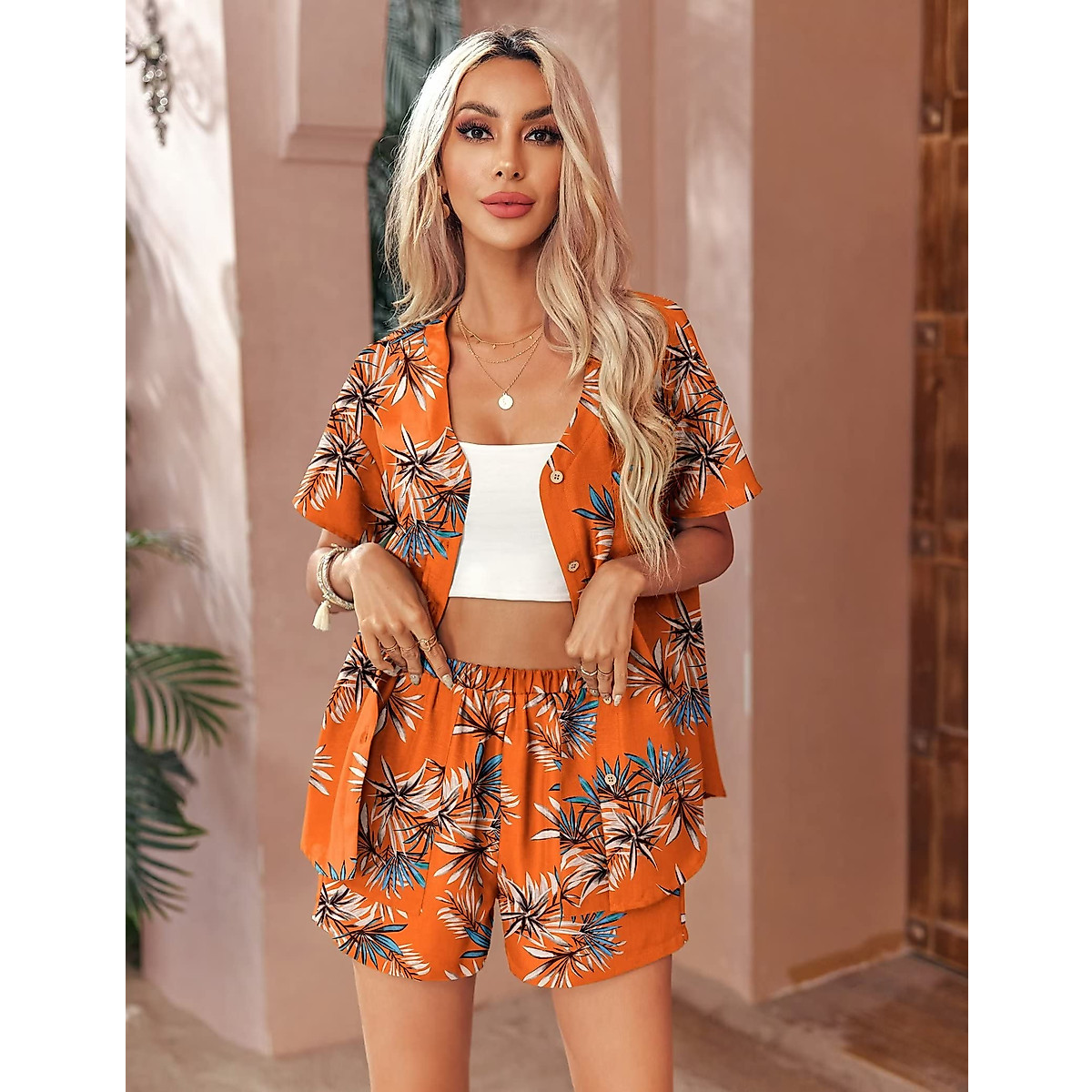 Ekouaer Womens Hawaiian 2 Piece Outfit Short Sleeve Button Down Shirt and Shorts Tracksuit Lounge Set