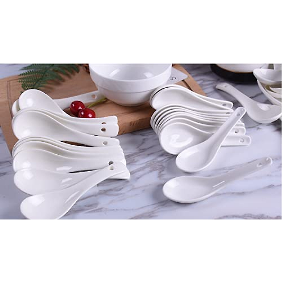 10 Pack White Ceramic Soup Spoons,Wonton Soup Spoons,Asian Soup Spoon Set,5"Kid Spoons,Tasting Spoon,Side Dishes,Table Spoons,Small Appetizer Spoon,Stackable Ramekins Can Stand,Deep Oval Design