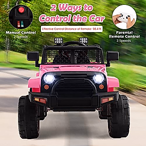 Costzon Ride on Car, 12V Battery Powered Truck Vehicle with Remote Control, Spring Suspension, Headlights, Music, Horn, MP3, USB & Aux Port, Gift for Boys Girls, Electric Car for Kids (Pink)