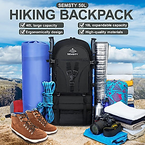 SEMSTY Hiking Backpack, 40L+10L Expandable Travel Backpack Flight Approved, Camping, Travel Backpack For Men and Women