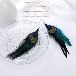Winssigma Long Feather Earrings for Women Bohemian Dangle Earrings Lightweight Feather Statement Earrings Handmade Jewelry(Blue)