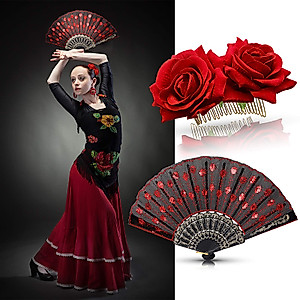 2 Pieces Women Rose Flower Hair Clip and Embroidered Sequins Fabric Handheld Folding Fan Hair Accessories for Flamenco Dancer Costume Accessories Girl Halloween Cosplay Party (Red)