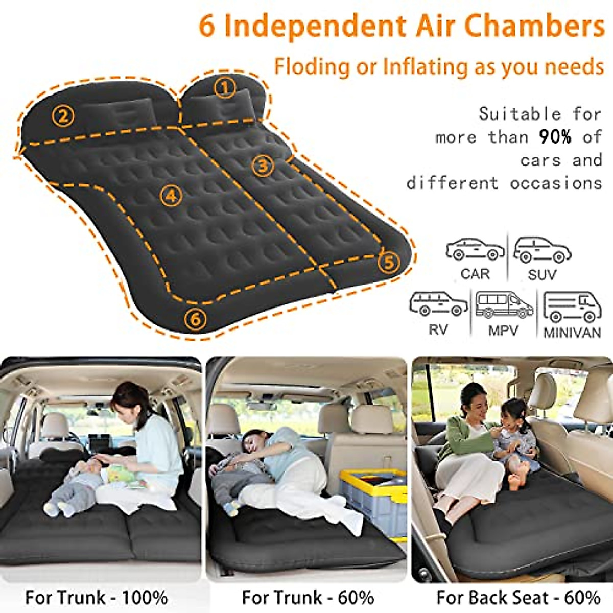 MOMERYAYA SUV Air Mattress Camping Bed,Car Mattress Back Seat,Portable Foldable Car Air Bed,SUV Sleeping Pad, Car Bed Mattress for Home & Travel & Picnic & Camping,Black