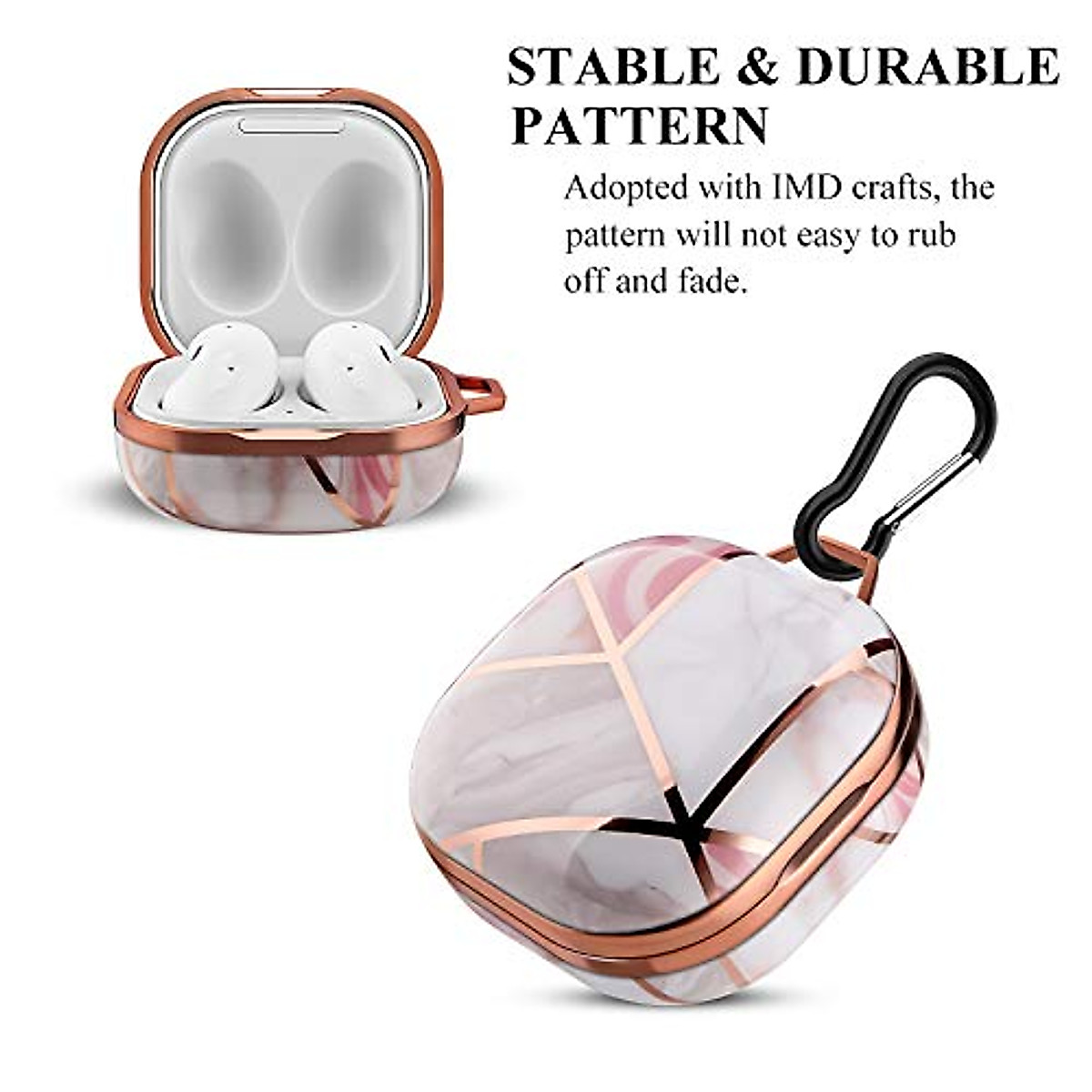 Troniker Stylish Case for Galaxy Buds 2 Pro (2022)/Galaxy Buds 2 (2021)/Galaxy Buds Pro (2021)/Galaxy Buds Live (2020) for Women Girl Full Protective Hardshell Case (Pink Gold Marble)