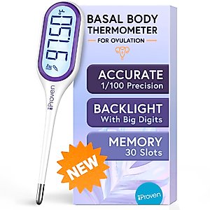 iProven Basal Body Thermometer with Backlight & Big Digits, 1/100 Degree High Precision, BBT for Ovulation Tracking, 30 Memory Recall, Accurate Fertility Temperature Tracker