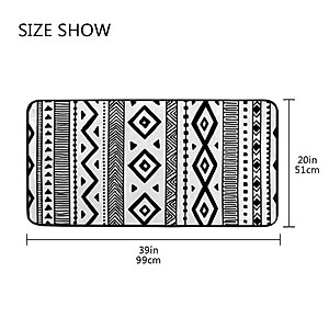 Kitchen Rug Mat Ethnic Boho Style Black White Non-Slip Absorbent Runner Rug for Kitchen Floor, Entryway, Hallway and Dining Room, Machine Washable Carpet