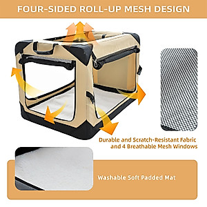 Pettycare 30 Inch Collapsible Dog Crate for Medium Dogs, 4-Door Foldable Soft Dog Kennel with Chew Proof Mesh Windows, Indoor & Outdoor Travel Dog Crate, Soft Side Dog Crate,Beige