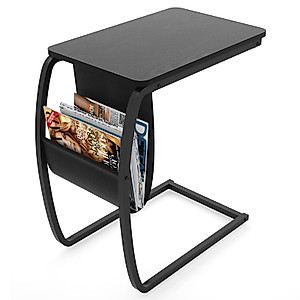 SRIWATANA Side End Tables Living Room, Vintage C-Shaped Laptop Table for Couch, Snack Table with Side Pocket, Black
