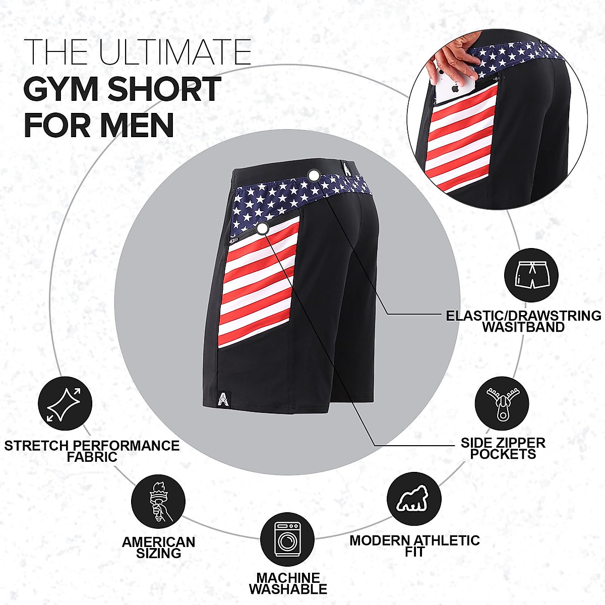 Anthem Athletics Hyperflex 9 in Men's Workout Shorts - Zipper Pocket Short for Running, Athletic & Gym Training - Black & American Flag G2 - Medium
