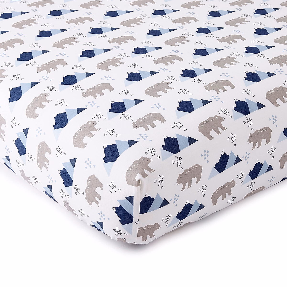 Levtex Baby - Trail Mix Crib Fitted Sheet - Fits Standard Crib and Toddler Mattress - Tossed Bears and Moutains - Blue, Grey and White - Nursery Accessories - 100% Cotton