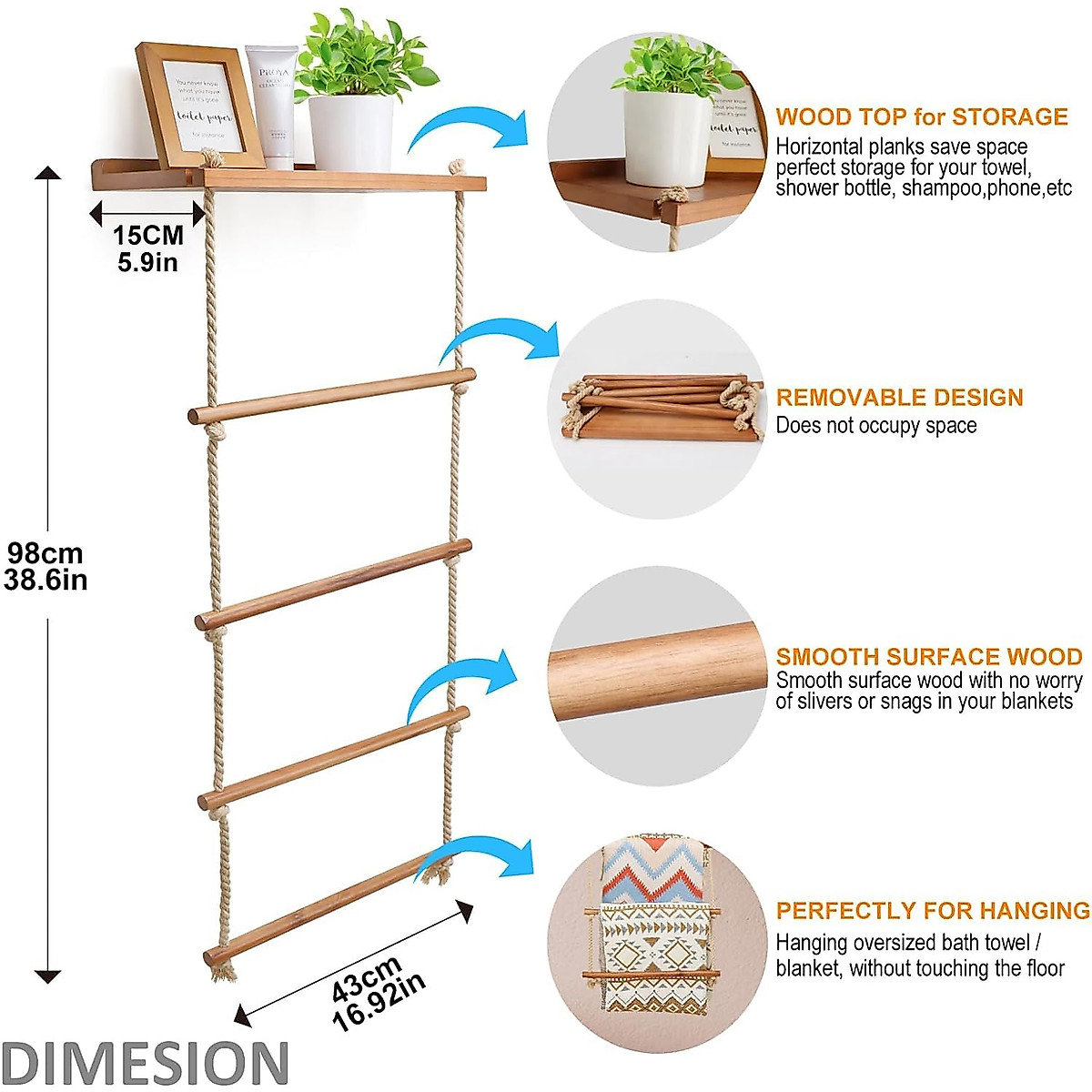 Gomyrod 5-Layer Wooden Blanket Ladder, 2-in-1 Towel Racks Blanket Quilt Towel Holder Rack Decorative Ladder, Storage Ladder Quilt Rack Blanket Holder, Ladder Shelves for Bathroom,Living Room,Bedroom