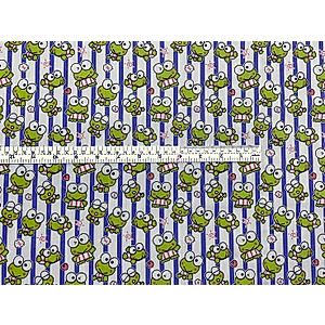 AMORNPHAN 44 Inch Green Keroro Happy Frog Cartoon Purple Stripes Printed On White Cotton Fabric Themed Pattern with Frogs for Craft Decorative Kid Patchwork Handmade Sewing Crafting for 1 Yard