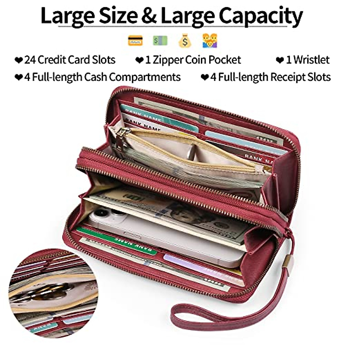 GAEKEAO Wallet for Women Double Zipper Phone Clutch RFID Blocking Vegan Leather Wristlet Purse Large Capacity Long Credit Card Holder with Grip Hand Strap
