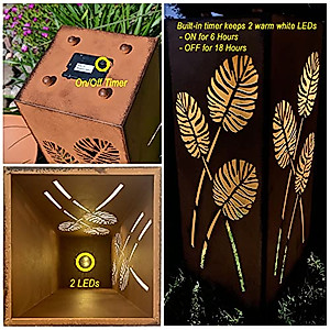 Westcharm Rustic LED Pillar Garden Statue with Planter Dish Bowl and Automatic Timer - Decorative Column Outdoor Statue with Leaves Motif for Home Yard Patio Outdoors Garden Decoration