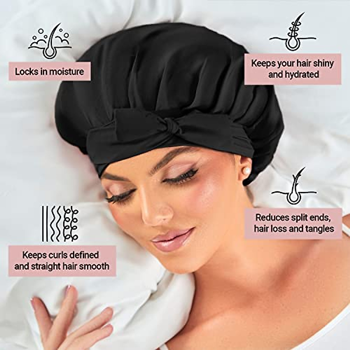 Silk Bonnet – 100% Mulberry Silk Sleep Cap Breathable & Adjustable Sleeping Caps Silk Hair Wrap Women Night Cap for Curly Hair with Elastic Tie Band Silk Satin Turban (Black)