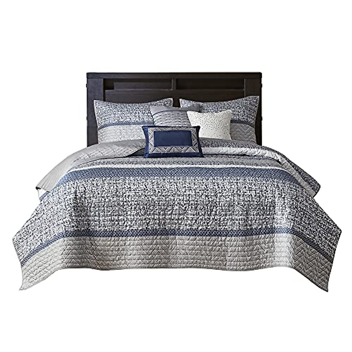 Madison Park King Quilt Set Lustrous Jacquard & Glitter Accent Coverlet Set for King Size Bed - All Season, Lightweight King Quilt Set, Shams, Decorative Pillow, King/Cal King Chevron Grey/Navy