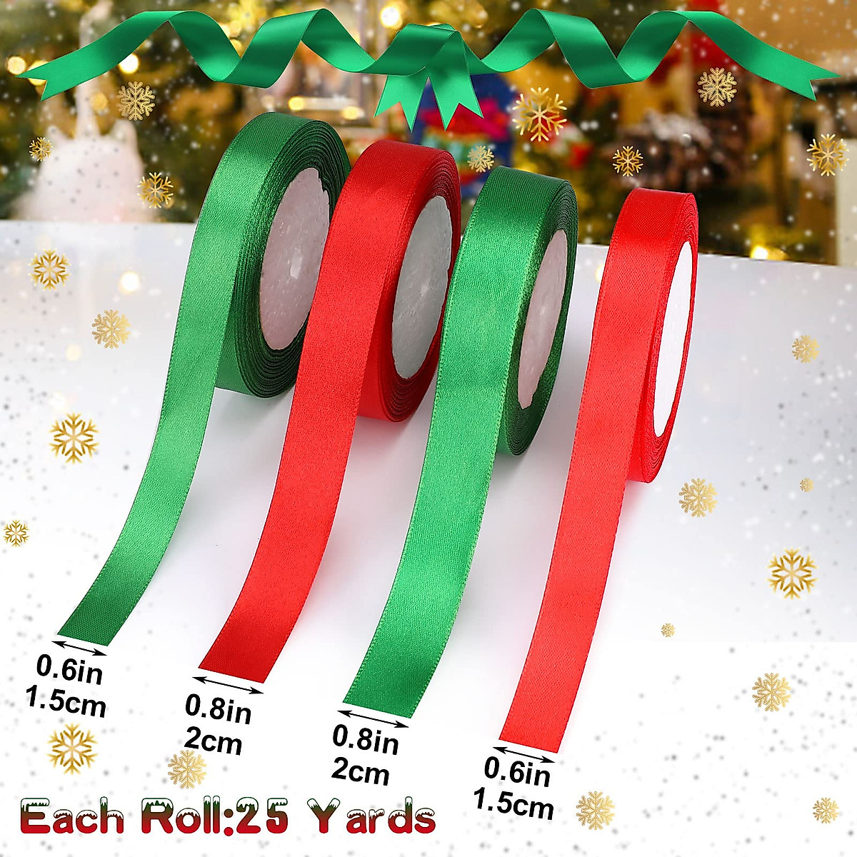 FEBSNOW 4 Rolls 100 Yards Christmas Ribbon, 0.6 Inch and 0.8 Inch Wide Holiday Red Green Satin Ribbons for Xmas Gifts Wrapping and Craft Decoration