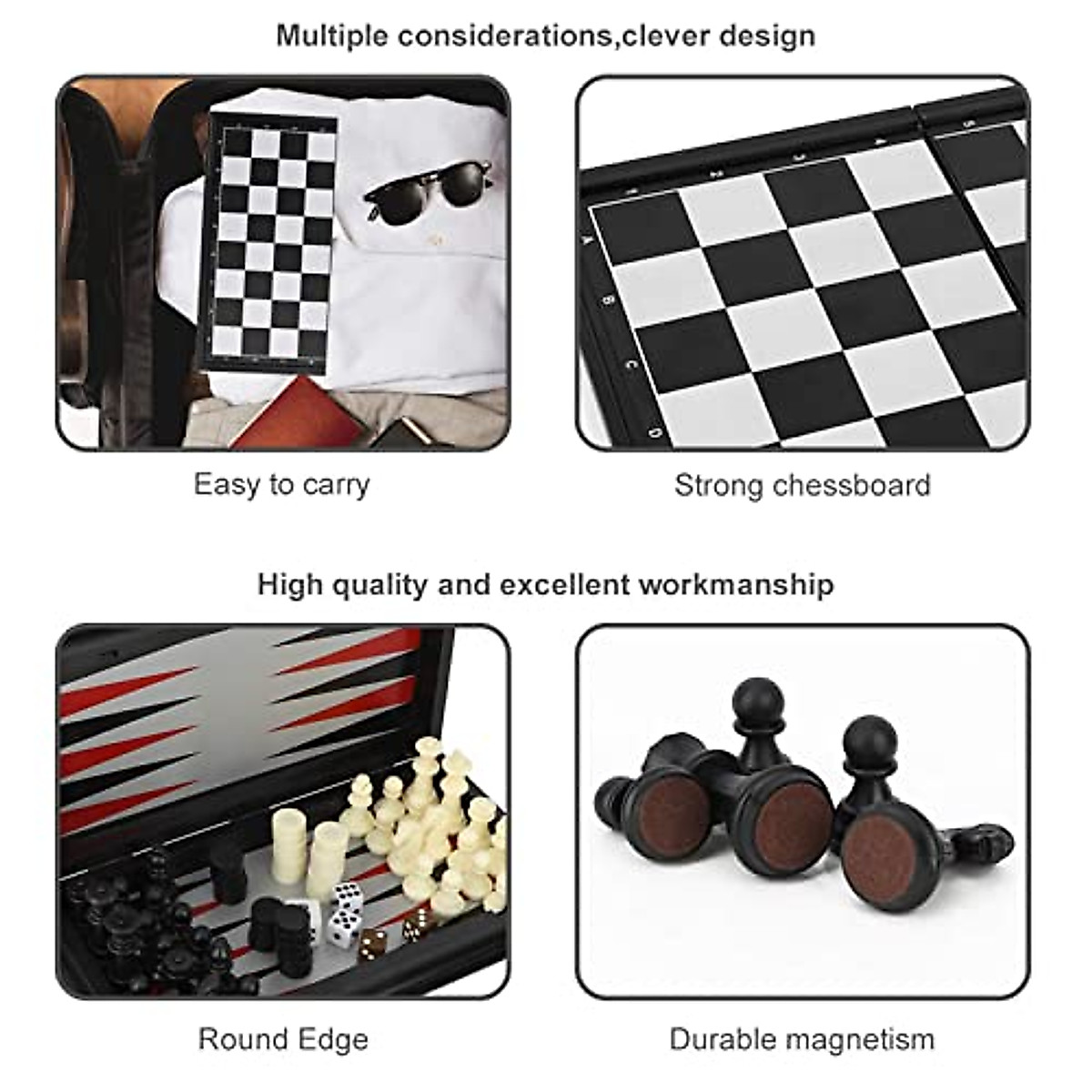 Aomola Travel Chess Set for Kids and Adults 3 in 1 Magnetic Chess Checkers Backgammon Folding Board Games Educational Toys with Storage Bag, 9.8" x 9.8"