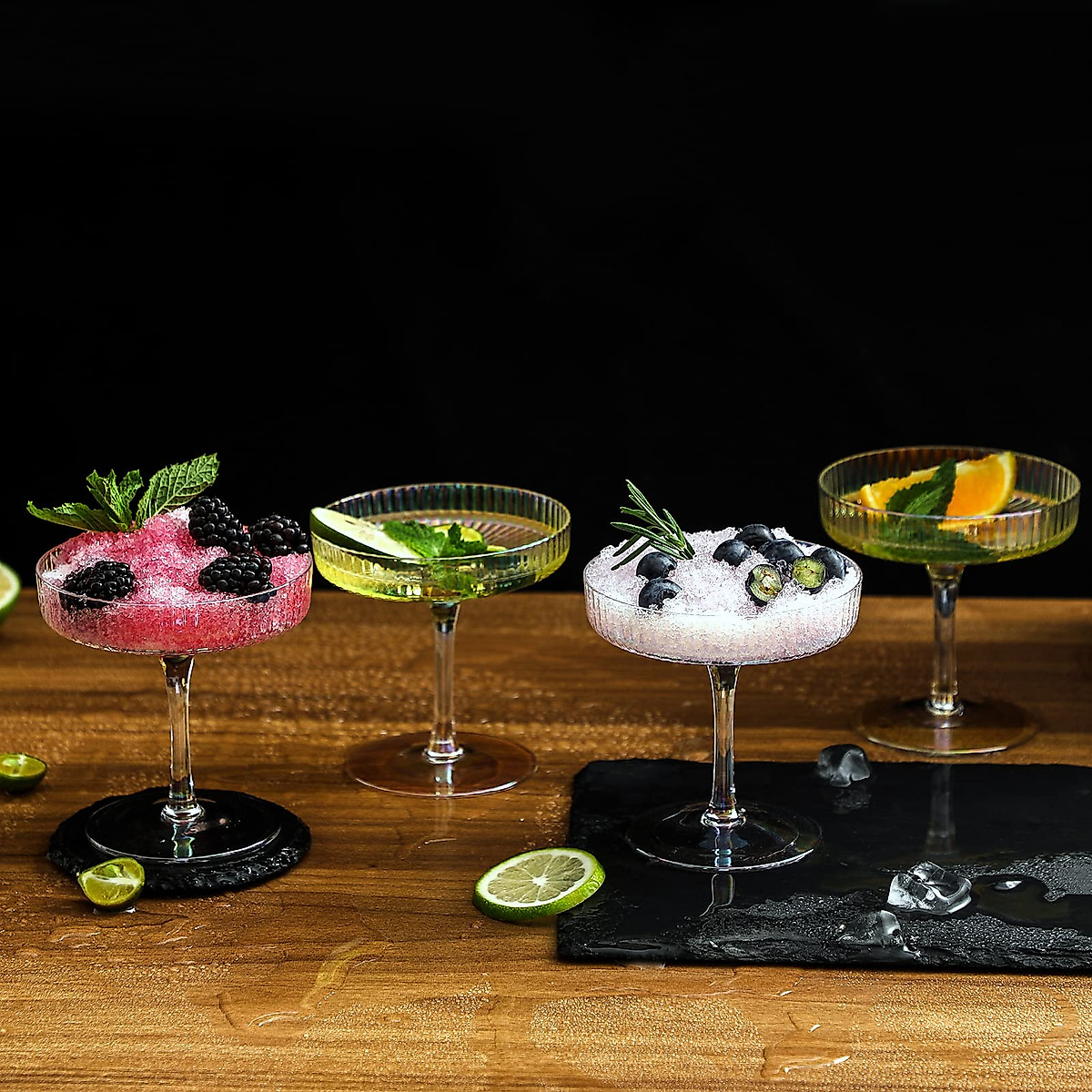 G Iridescent Coupe Glasses 4 Set, Vintage Stem-ware for gimlet Cocktail glasses for Champagne, Martini, Wine Glasses, Long Stem Glassware Classic Cocktail Rainbow Cute Glassware-4 oz