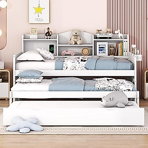 Linuque Twin Size Daybed with 2 Twin Trundles and Storage Shelf, Wooden Sofa Bed Frame with USB Charging Ports, No Box-Spring Needed, White