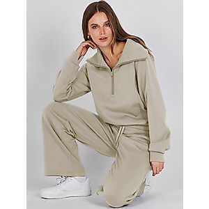 ANRABESS Women 2 Piece Outfits Sweatsuit Oversized Sweatshirt Sweatpants Tracksuit Sweat Lounge Matching Set 2024 Fall Trendy Light Khaki Medium