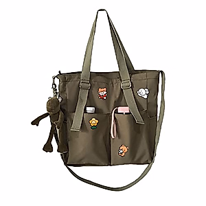 HSEONEJIA Women Large Crossbody Canvas Tote Bag, Girls Kawaii Shoulder School Bookbag Students Messenger Schoolbag (Green)