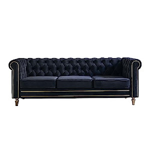 EMKK 84" Upholstered Chesterfield Tufted Sofa Couch for Living Room, Velvet Rolled Arm 3 Seater Classic Settee Sofá with Gold Trim, Black