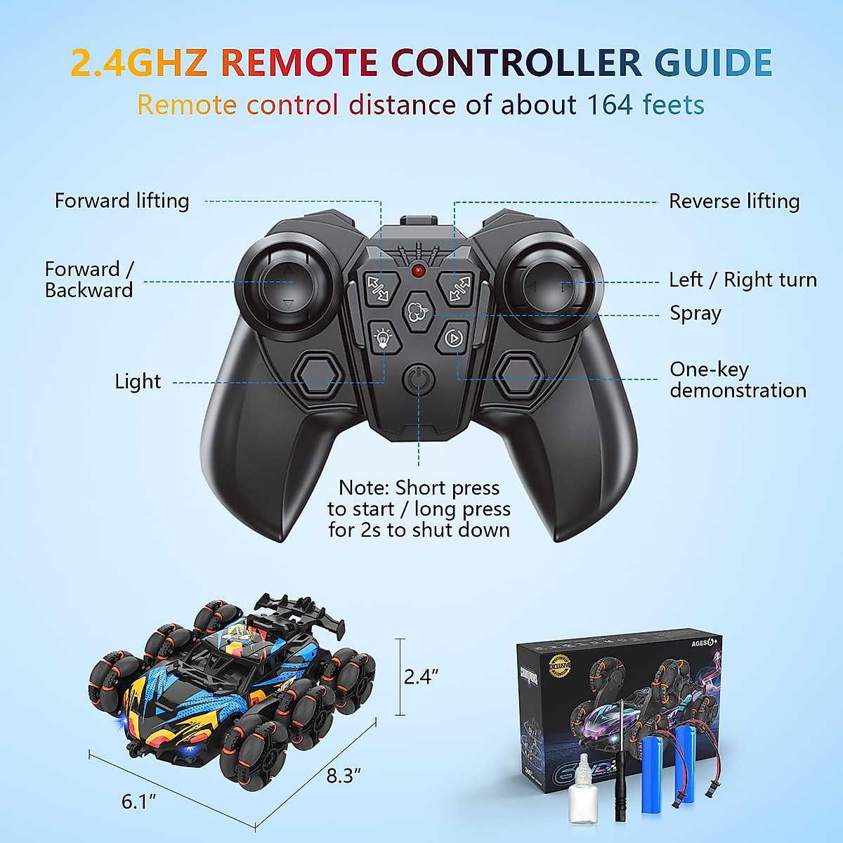 MOFOKEAY RC Cars 6WD Drift Stunt,Remote Control Car for Boys Age 6-12,360° Rotating Spray Car for Xmas Gifts