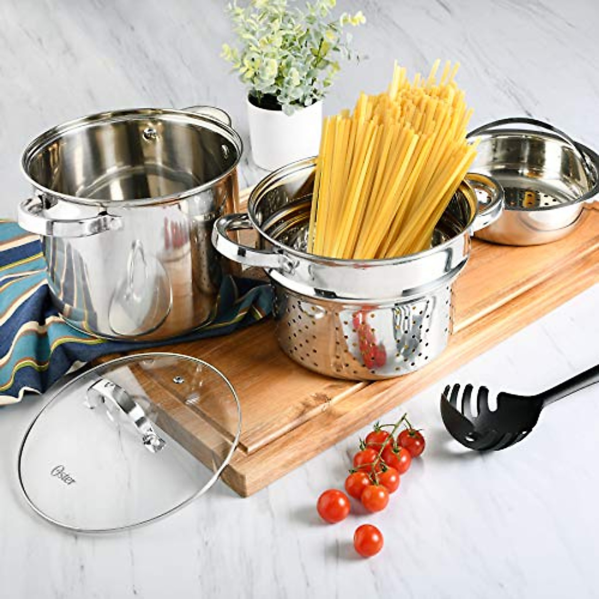 Oster Sangerfield Stainless Steel Cookware 5-Quart Pasta Pot Set w/Steamer, Basket & Lid