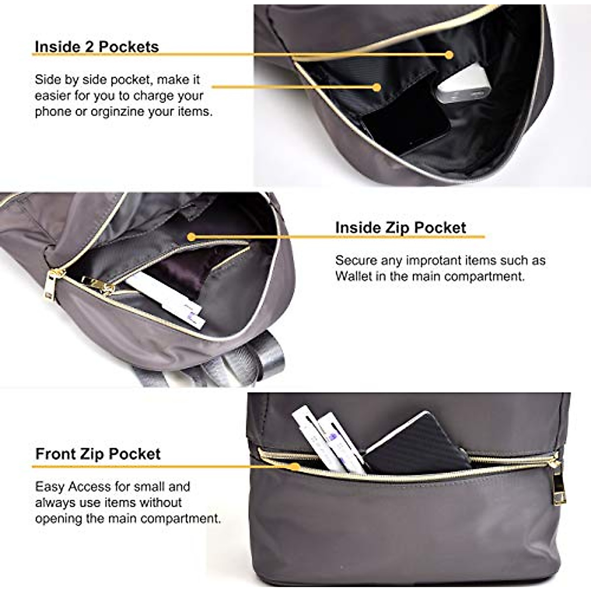 MEB My Ever Bag Lightweight 11.5" Nylon Mini Backpack for Women with hidden anti theft pocket on the back | waterproof | Mochila de Mujer (Gray)