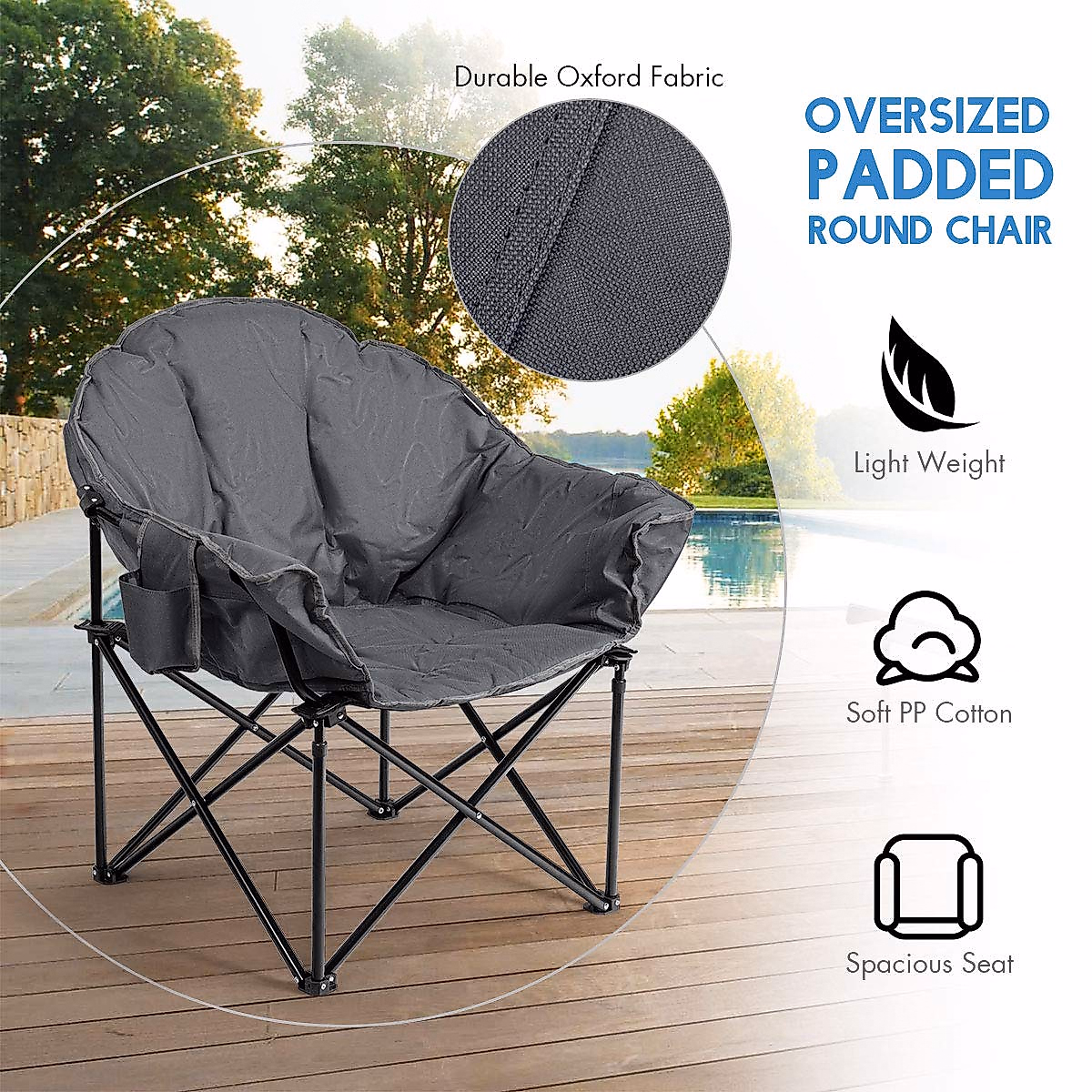 S AFSTAR Oversized Camping Chair, Cushion Padded Moon Round Saucer Chair w/Cup Holder & Carry Bag, Outdoor Leisure Chair, Portable Folding Camp Chair for Camping Fishing, Supports 300lbs (1, Grey)