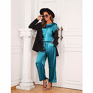 Bloggerlove Silk Pajamas for Women Long Sleeve Satin Loungewear Two-Piece Sleepwear Pullover Pj Set Outfit Green