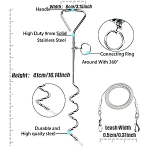 Darkyazi Dog Stake Tie Out Cable and Reflective Stake 16 ft Outdoor, Yard and Camping, for Medium to Large Dogs Up to 125 lbs (16ft Cable, 18" Stake, Silver)