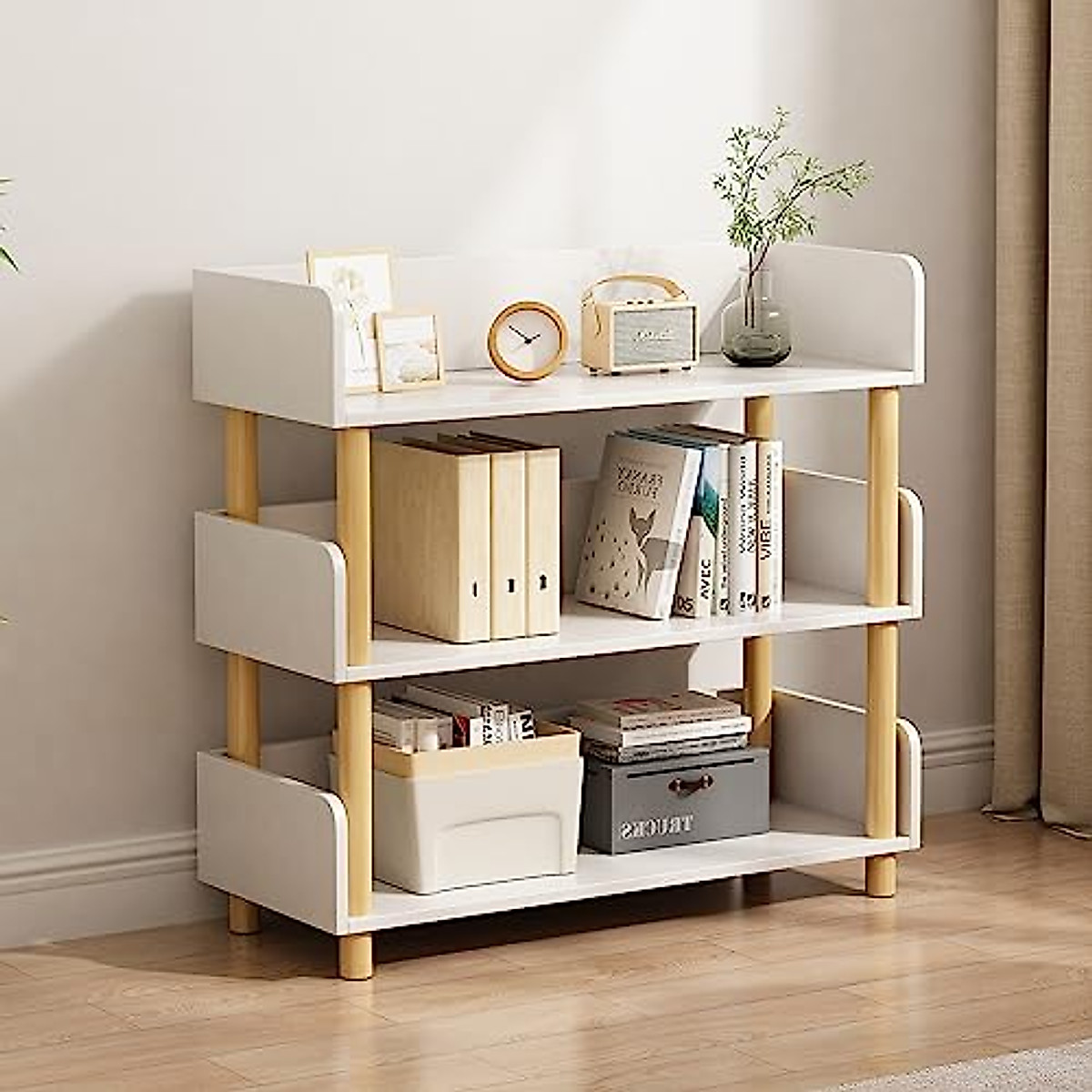3-Tier Wooden Bookcase,White Bookshelf,Modern Open Bookshelf,Wood Storage Shelves Display Stand with Top Edge and Solid Wood Frame for Living Room,Bedroom,Home Office