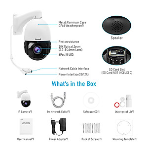 4K 8MP Outdoor POE PTZ Camera, Auto-Tracking Security IP Camera with 20X Optical Zoom, IR Night Vision Person/Vehicle/Pet Detection, Built-in 2-Way Audio Support Up to 128GB SD Card (Not Included)