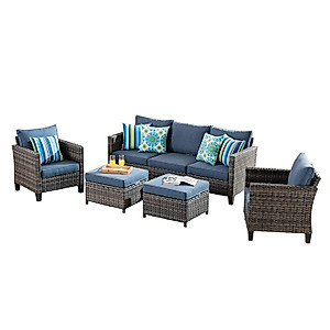 ovios Outdoor Furniture 5 Pieces Patio Furniture Set Sectional Conversation Set All Weather Wicker Rattan Sofa Couch for Yard Deck Porch, Grey Wicker, Denim Blue Cushion