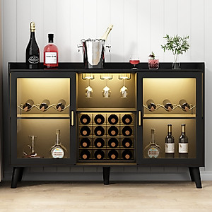 Gyfimoie Modern Wine Bar Cabinet with LED Light, Home Coffee Cabinet w Wine Rack and Glass Holder, Kitchen Sideboard Buffet Cabinet w Storage Shelf, Freestanding Liquor Cabinet w Glass Door (Black)