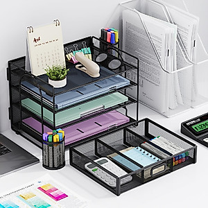Marbrasse 4-Trays Desktop File Organizer with Pen Holder | Paper Letter Tray with Drawer and 2 Pen Holder | Mesh Office Supplies Desk Organizer for Home Office (Black)