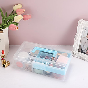 JUXYES Plastic Carry Storage Box with Removable Dividers, Clear Art Craft Supply Storage Bin Sewing Box With Handle Lid, 2 Layers Stationery Storage Case for School/Office Supplies