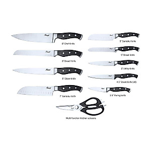 Rosewill 18 Piece Stainless Steel Cutlery Knife Set with Kitchen Shears| Triple Riveted Handles, Full Tang Design with Wood Block and Built-in Sharpener