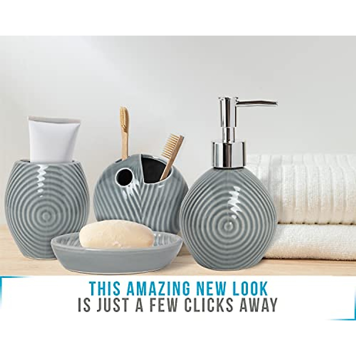 Designer 4-Piece Bathroom Accessory Set – Ceramic Bath Set w/Liquid Soap or Lotion Dispenser, Toothbrush Holder, Tumbler and Soap Dish – Decorative Set w/Embossed Details – Modern Vanity Accessories