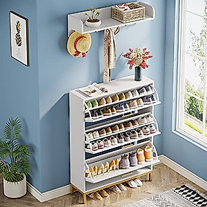 Tribesigns Shoe Cabinet, Shoe Storage Cabinet with Wall Mounted Coat Rack, Modern Shoes Organizer Cabinets with 3 Flip Drawers, White and Gold Shoe Cabinet for Entryway