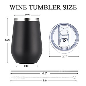 MEWAY 12oz Wine Tumbler Glasses with Lid and Straw - Stemless Double Wall Vacuum Stainless Steel Tumbler Keeping Cold & Hot for Wine,Drinks - Family and Gifts, Ideal for Travel and Office(Black,1)