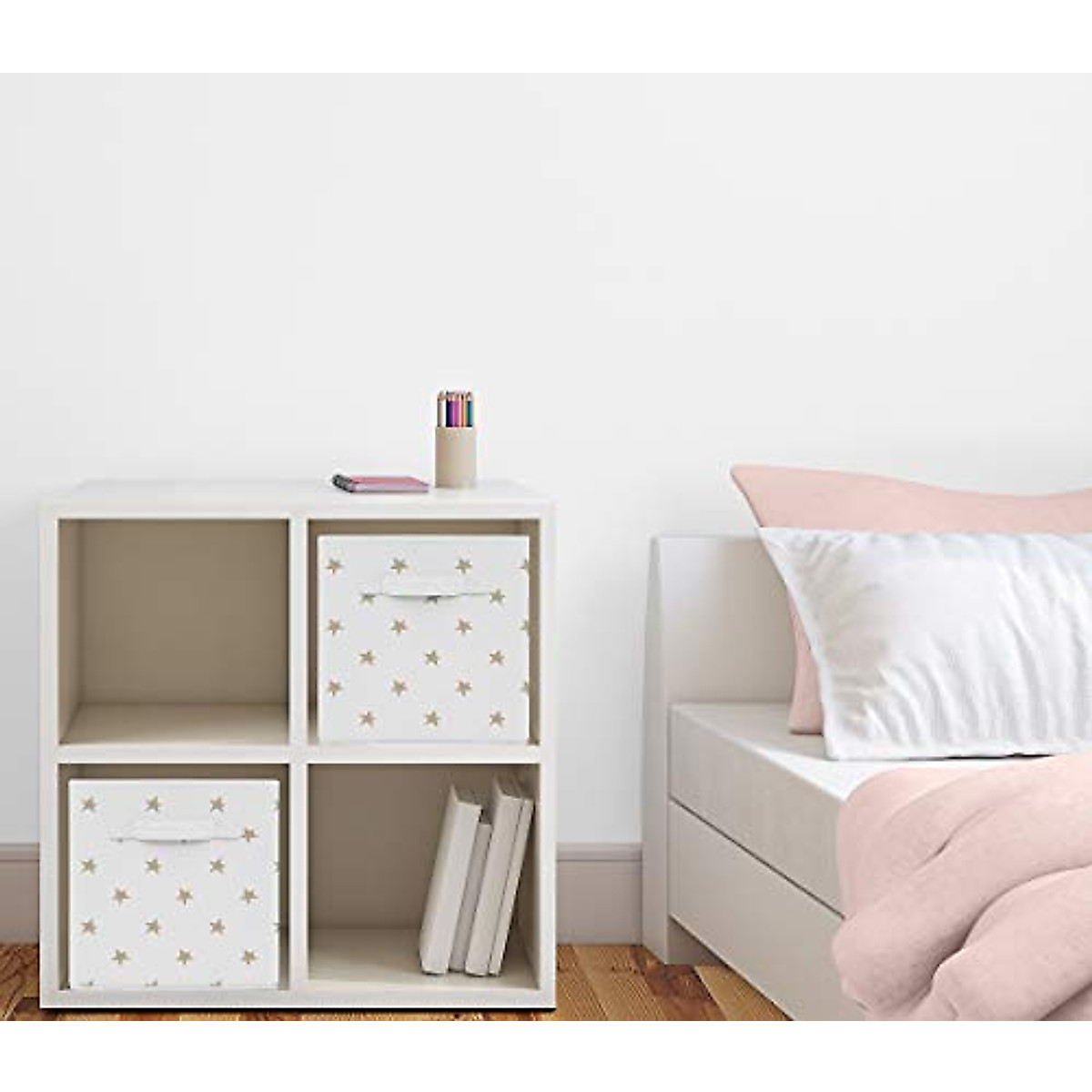 Sweet Jojo Designs Gold and White Celestial Star Foldable Fabric Storage Cube Bins Boxes Organizer Toys Kids Baby Childrens - Set of 2