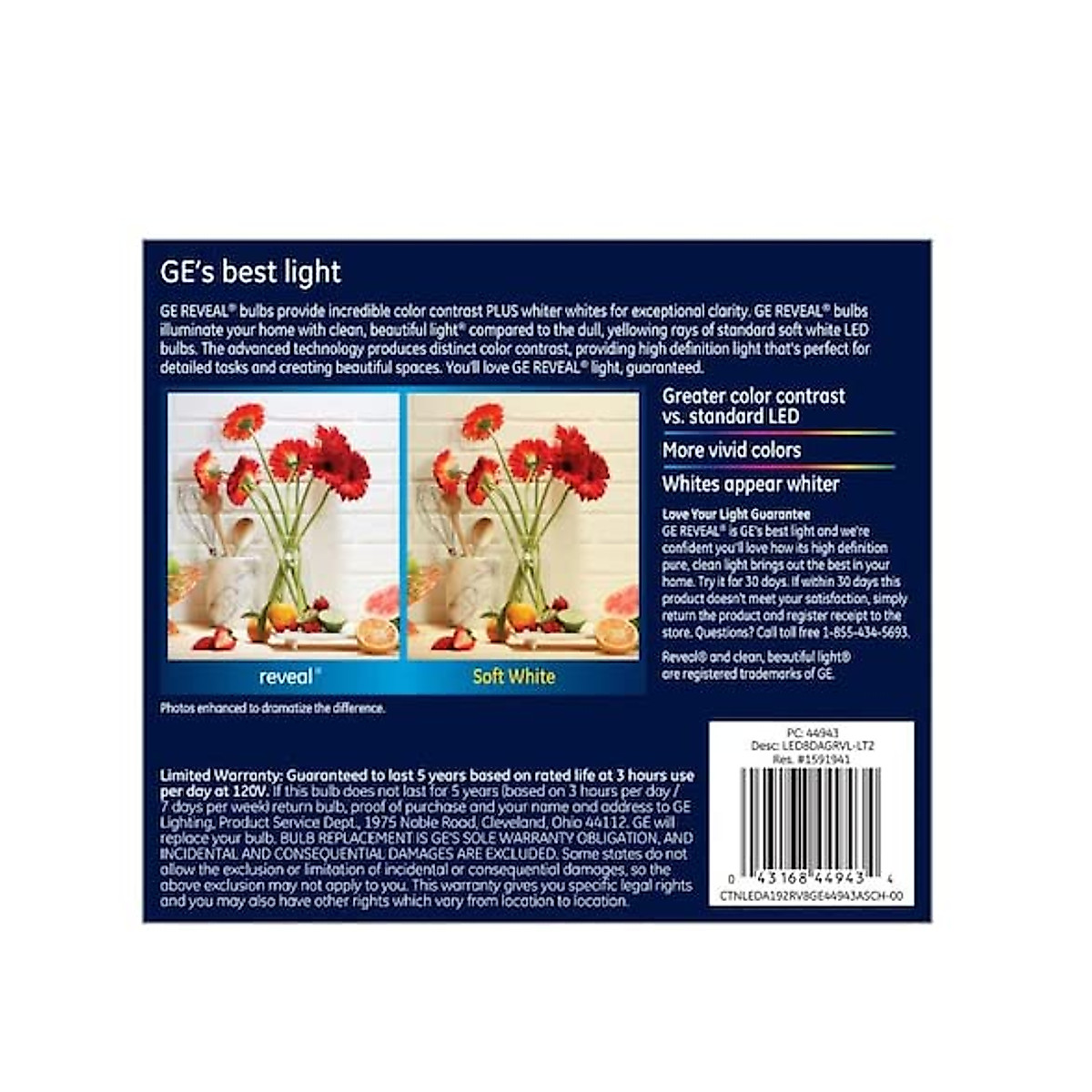 GE Lighting GE Reveal LED Light Bulbs, 2X Life, 8 Watt (60 Equivalent) HD+ Light, Standard Bulb Shape, Medium Base, Dimmable (2 Pack)