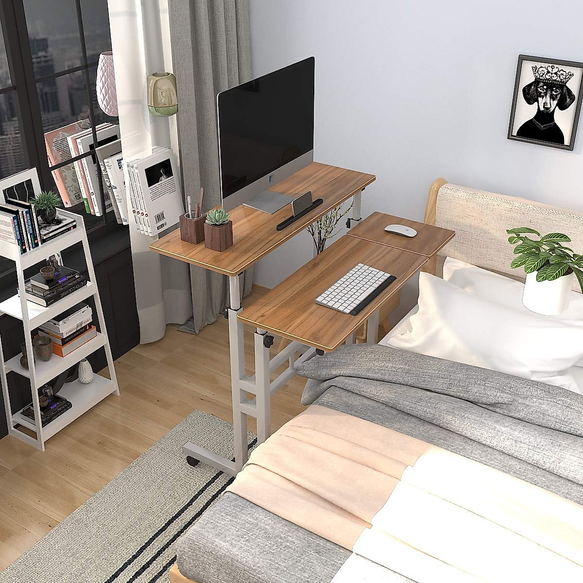 DlandHome Adjustable Rolling Desk Standing Desk, Sit-Stand Desk Cart Mobile Computer Desk Stand Up Desk Office Desk Riser Standing Table Workstation Mobile Desk, Oak
